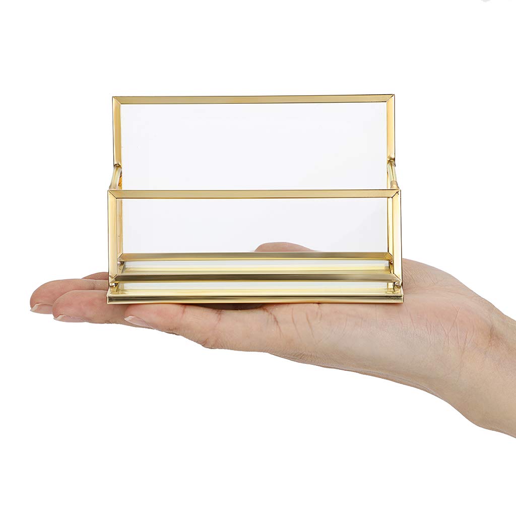 Hipiwe Glass Business Card Holder Stand - Vintage Gold Metal Name Card Display Stand Office Desktop Countertop Business Card Organizer