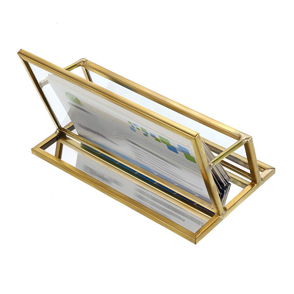 Hipiwe Glass Business Card Holder Stand - Vintage Gold Metal Name Card Display Stand Office Desktop Countertop Business Card Organizer