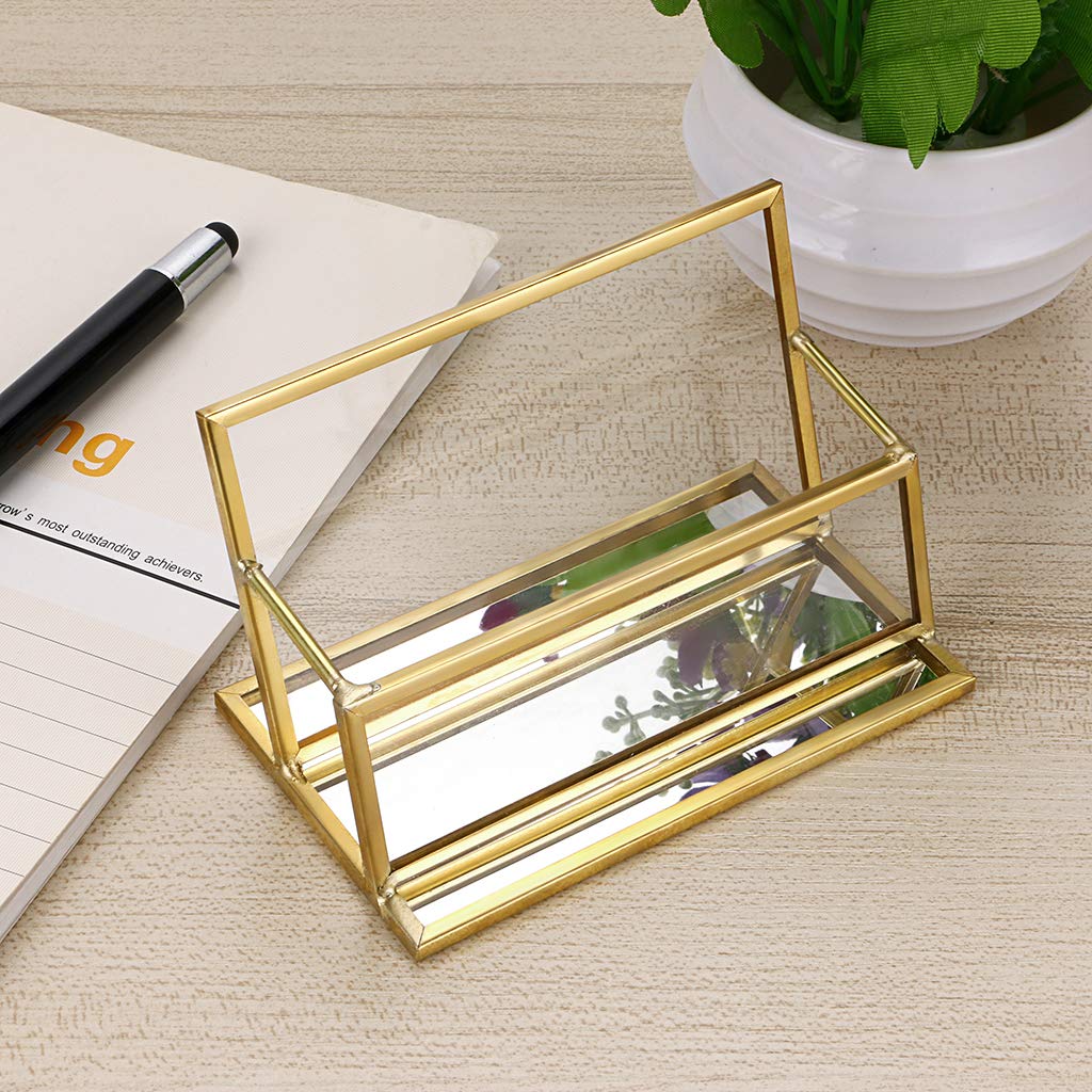 Hipiwe Glass Business Card Holder Stand - Vintage Gold Metal Name Card Display Stand Office Desktop Countertop Business Card Organizer