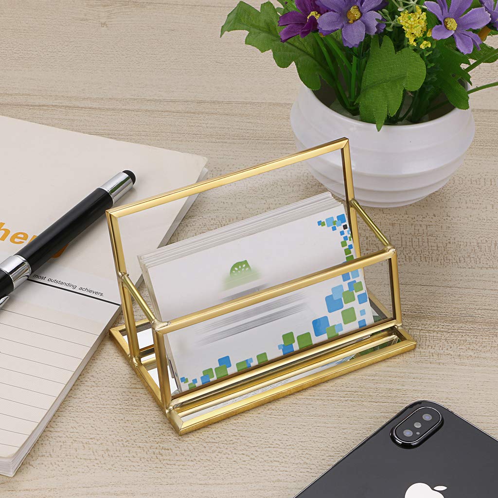 Hipiwe Glass Business Card Holder Stand - Vintage Gold Metal Name Card Display Stand Office Desktop Countertop Business Card Organizer