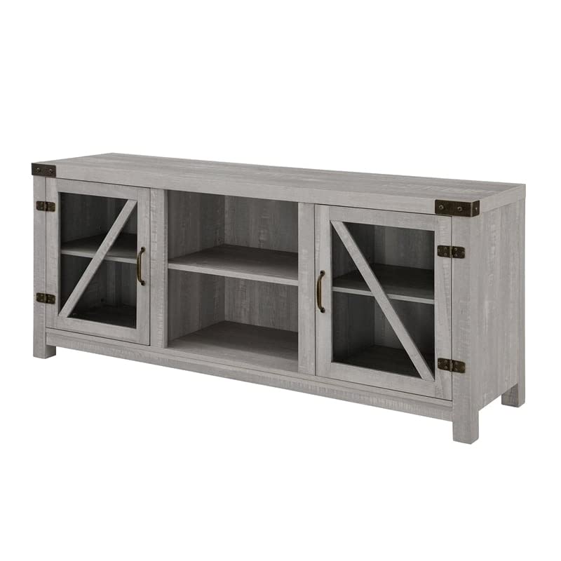 BOWERY HILL Rustic Farmhouse Barn Door Wood 58" TV Stand Console Glass Storage in Stone Grey