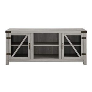 BOWERY HILL Rustic Farmhouse Barn Door Wood 58" TV Stand Console Glass Storage in Stone Grey