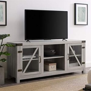 BOWERY HILL Rustic Farmhouse Barn Door Wood 58" TV Stand Console Glass Storage in Stone Grey