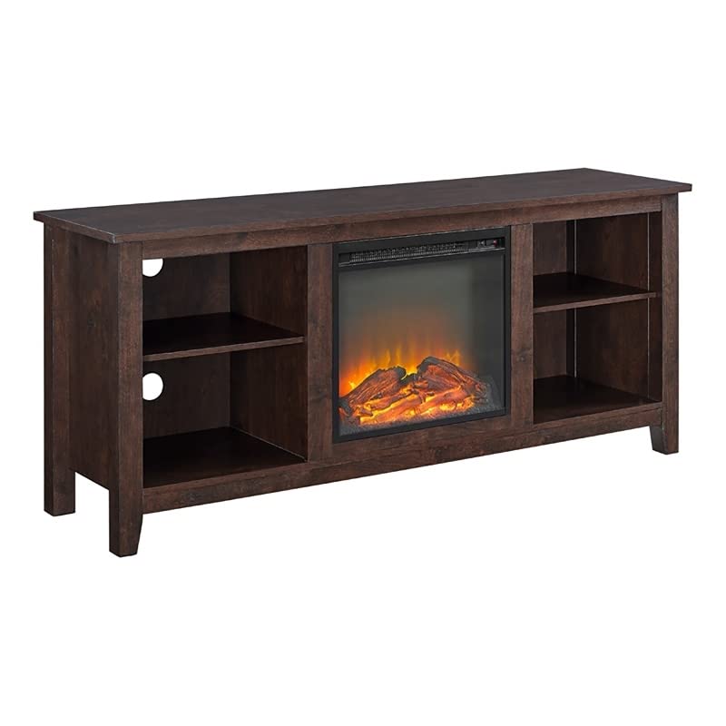 BOWERY HILL 58" Minimal Farmhouse Electric Fireplace TV Stand Console Rustic Wood Entertainment Center with Storage, for TV's up to 64", in Brown