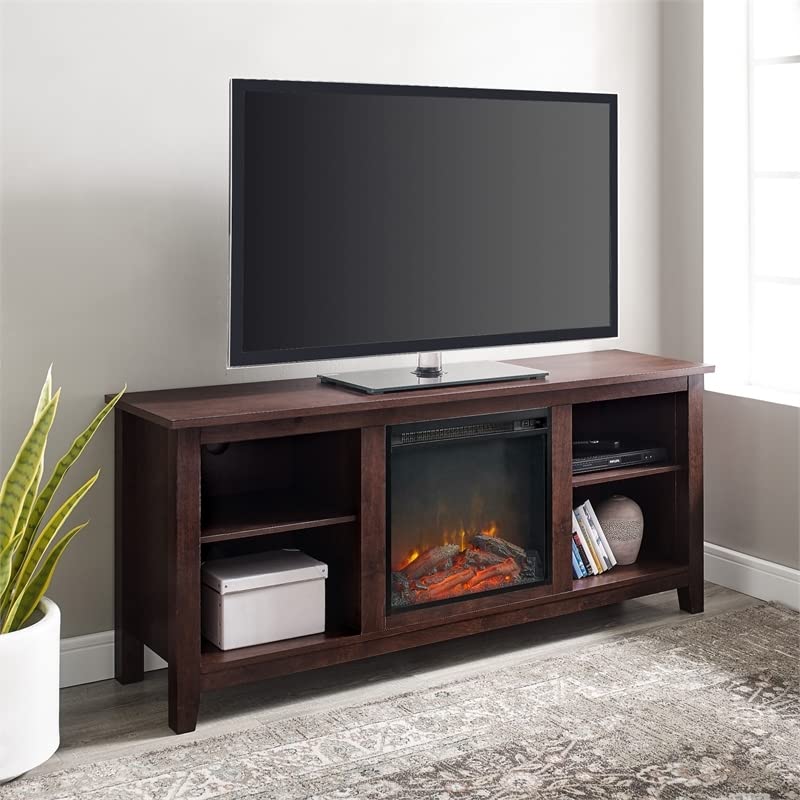 BOWERY HILL 58" Minimal Farmhouse Electric Fireplace TV Stand Console Rustic Wood Entertainment Center with Storage, for TV's up to 64", in Brown