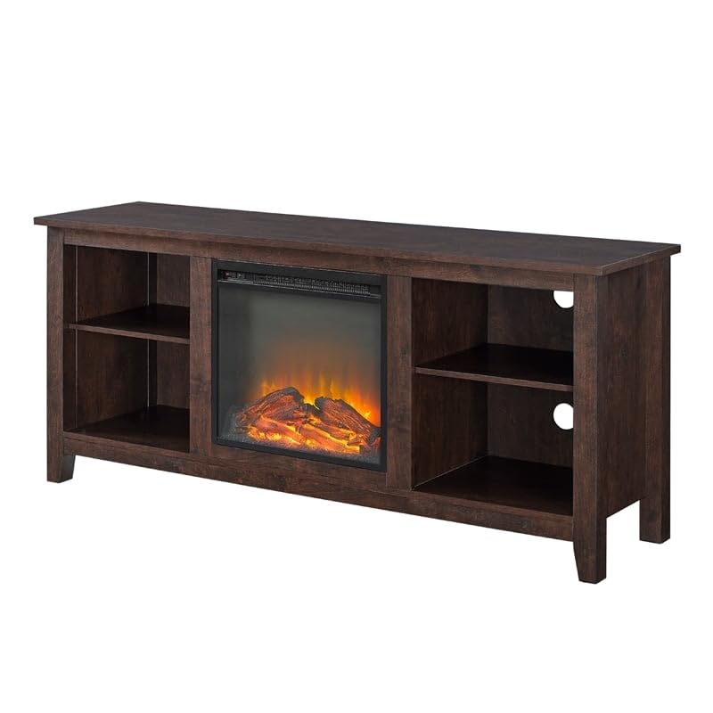 BOWERY HILL 58" Minimal Farmhouse Electric Fireplace TV Stand Console Rustic Wood Entertainment Center with Storage, for TV's up to 64", in Brown