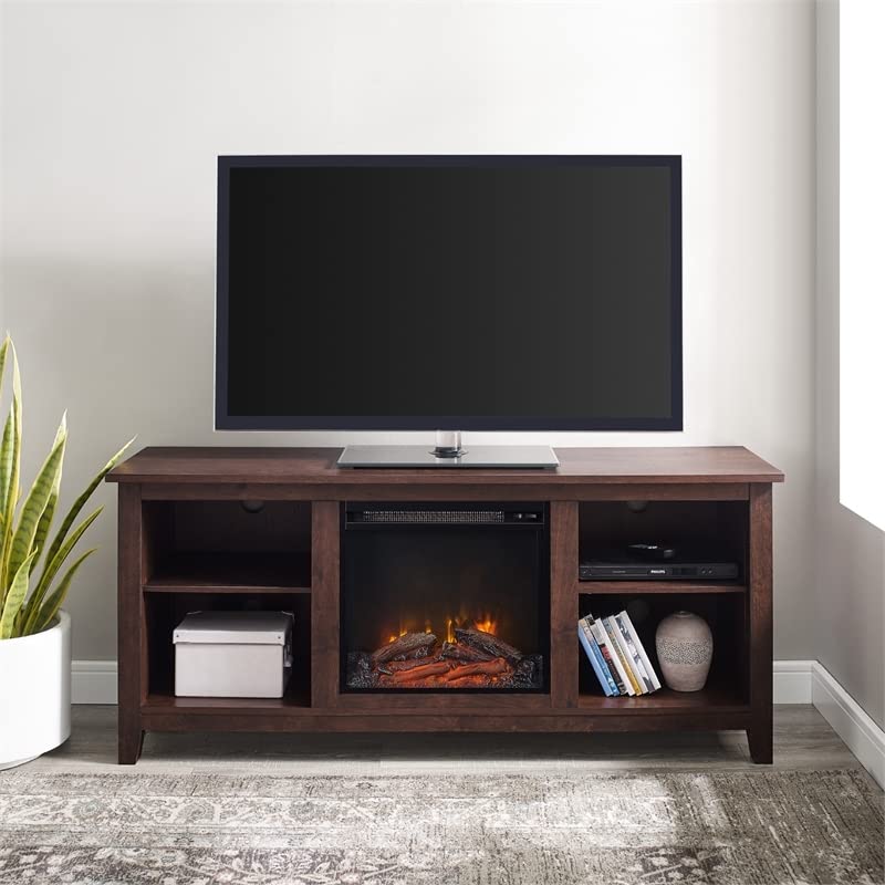 BOWERY HILL 58" Minimal Farmhouse Electric Fireplace TV Stand Console Rustic Wood Entertainment Center with Storage, for TV's up to 64", in Brown