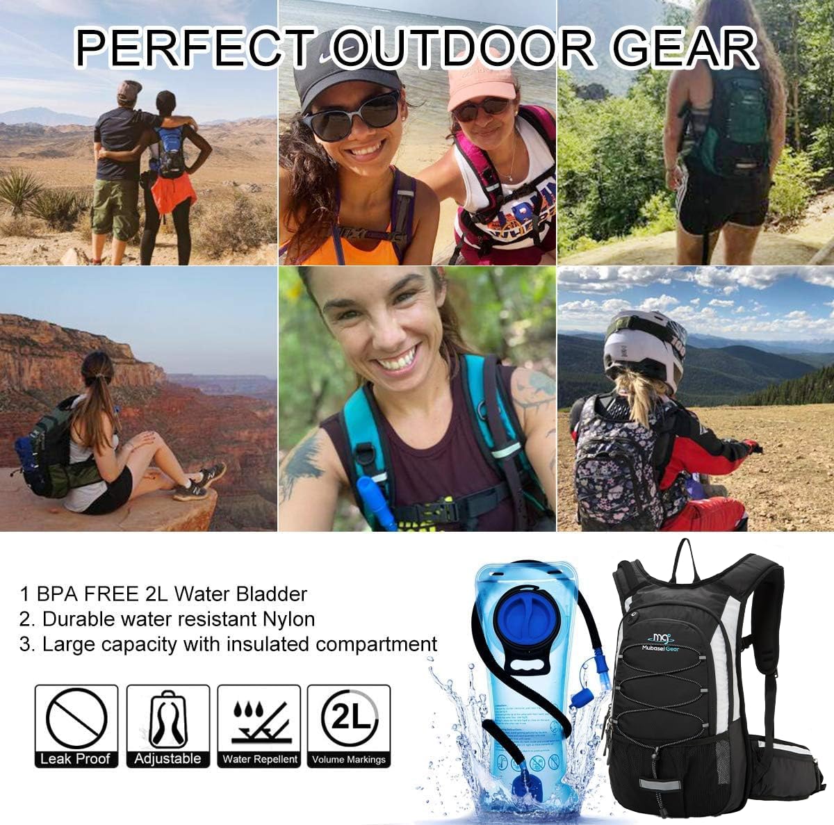 Insulated Hydration Backpack Pack with 2L BPA Free Bladder - Keeps Liquid Cool up to 5 Hours – for Running, Hiking, Cycling, Camping (Black White)