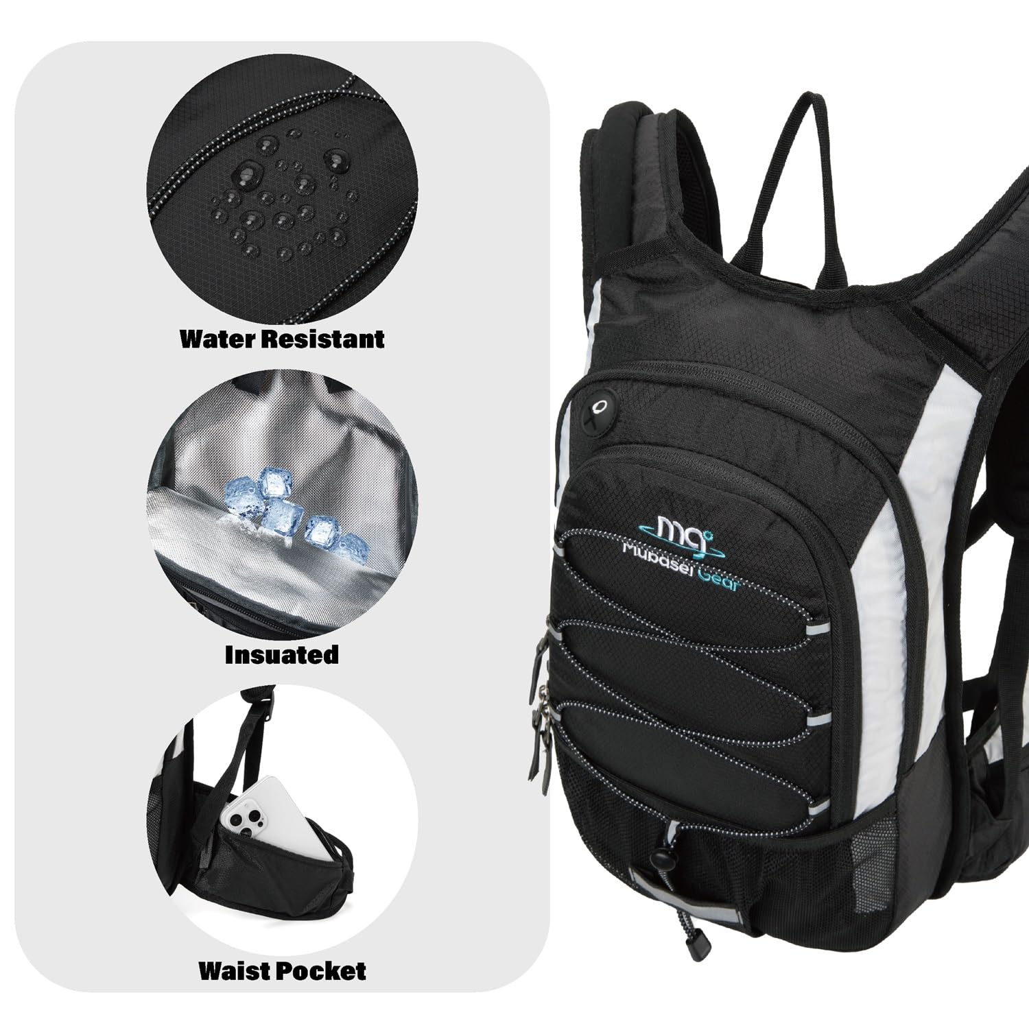 Insulated Hydration Backpack Pack with 2L BPA Free Bladder - Keeps Liquid Cool up to 5 Hours – for Running, Hiking, Cycling, Camping (Black White)