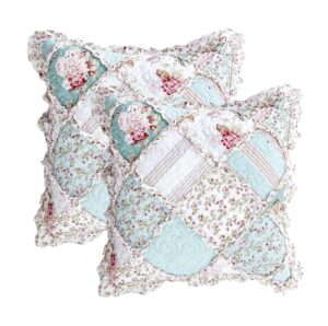 dada bedding set of 2 blooming floral throw pillow covers - patchwork hint of mint cotton garden country cottage - ruffles muted pastel light seafoam blue/green - 18" x 18"