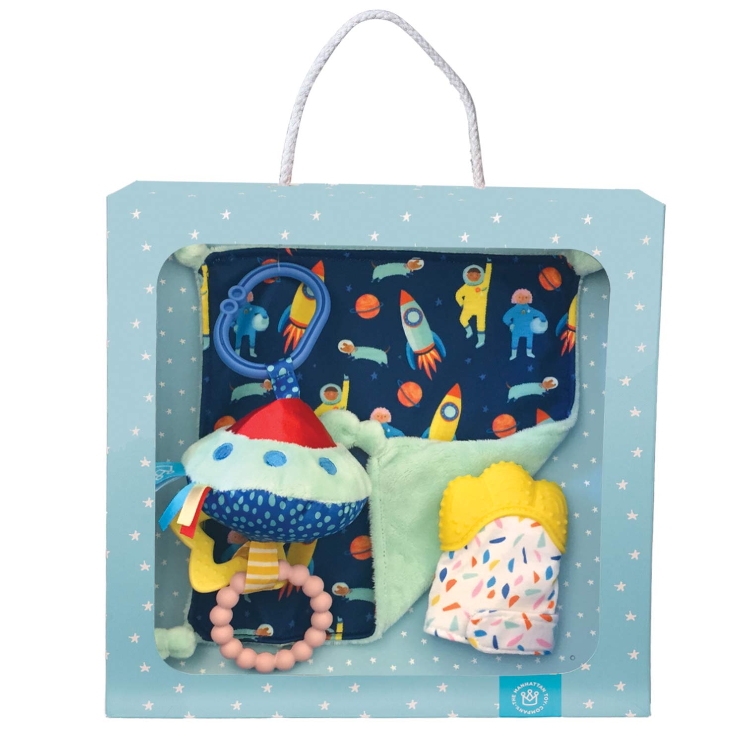 Manhattan Toy Space Themed Baby Gift Set with Silicone Teething Mitt, Soothing Baby Lovie & Clip-On Teether & Rattle