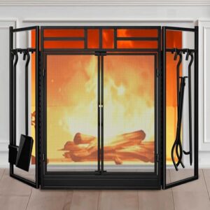 amagabeli garden & home 3 panel folding fireplace screen with doors large flat guard tools outdoor metal decorative mesh solid wrought iron fire place wood burning stove accessories black