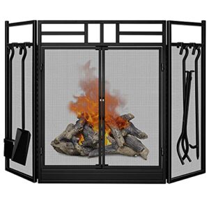 AMAGABELI GARDEN & HOME 3 Panel Folding Fireplace Screen with Doors Large Flat Guard Tools Outdoor Metal Decorative Mesh Solid Wrought Iron Fire Place Wood Burning Stove Accessories Black