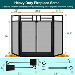 AMAGABELI GARDEN & HOME 3 Panel Folding Fireplace Screen with Doors Large Flat Guard Tools Outdoor Metal Decorative Mesh Solid Wrought Iron Fire Place Wood Burning Stove Accessories Black