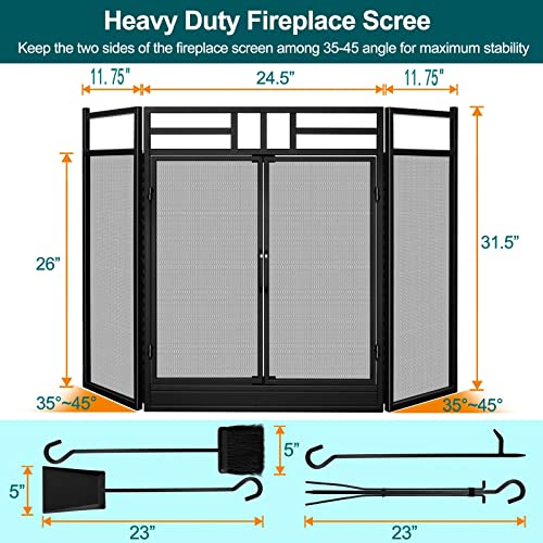 AMAGABELI GARDEN & HOME 3 Panel Folding Fireplace Screen with Doors Large Flat Guard Tools Outdoor Metal Decorative Mesh Solid Wrought Iron Fire Place Wood Burning Stove Accessories Black