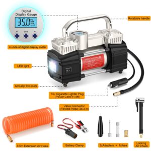 GSPSCN Portable Digital Car Tire Inflator with Gauge 150Psi Auto Shut-Off, Heavy Duty Double Cylinders 12V Air Compressor Pump with LED Light for Auto,Truck,Car,Bicycles,RV,SUV,Balls etc.