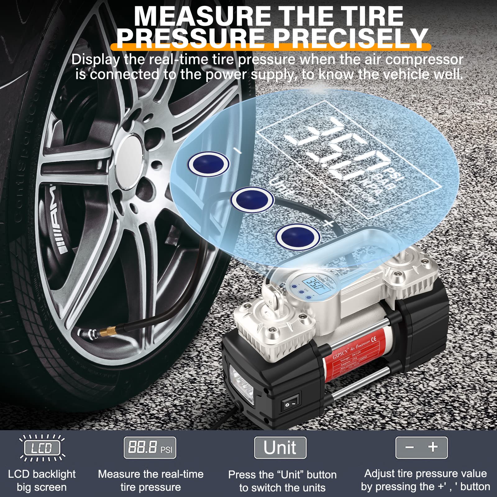 GSPSCN Portable Digital Car Tire Inflator with Gauge 150Psi Auto Shut-Off, Heavy Duty Double Cylinders 12V Air Compressor Pump with LED Light for Auto,Truck,Car,Bicycles,RV,SUV,Balls etc.