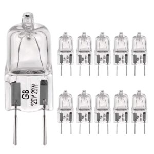 g8 light bulbs 20watt 120volt halogen light bulb g8 base bi-pin shorter 1-3/8" (1.38") length 20w t4 jcd warm white under cabinet puck lighting replacements,10pack