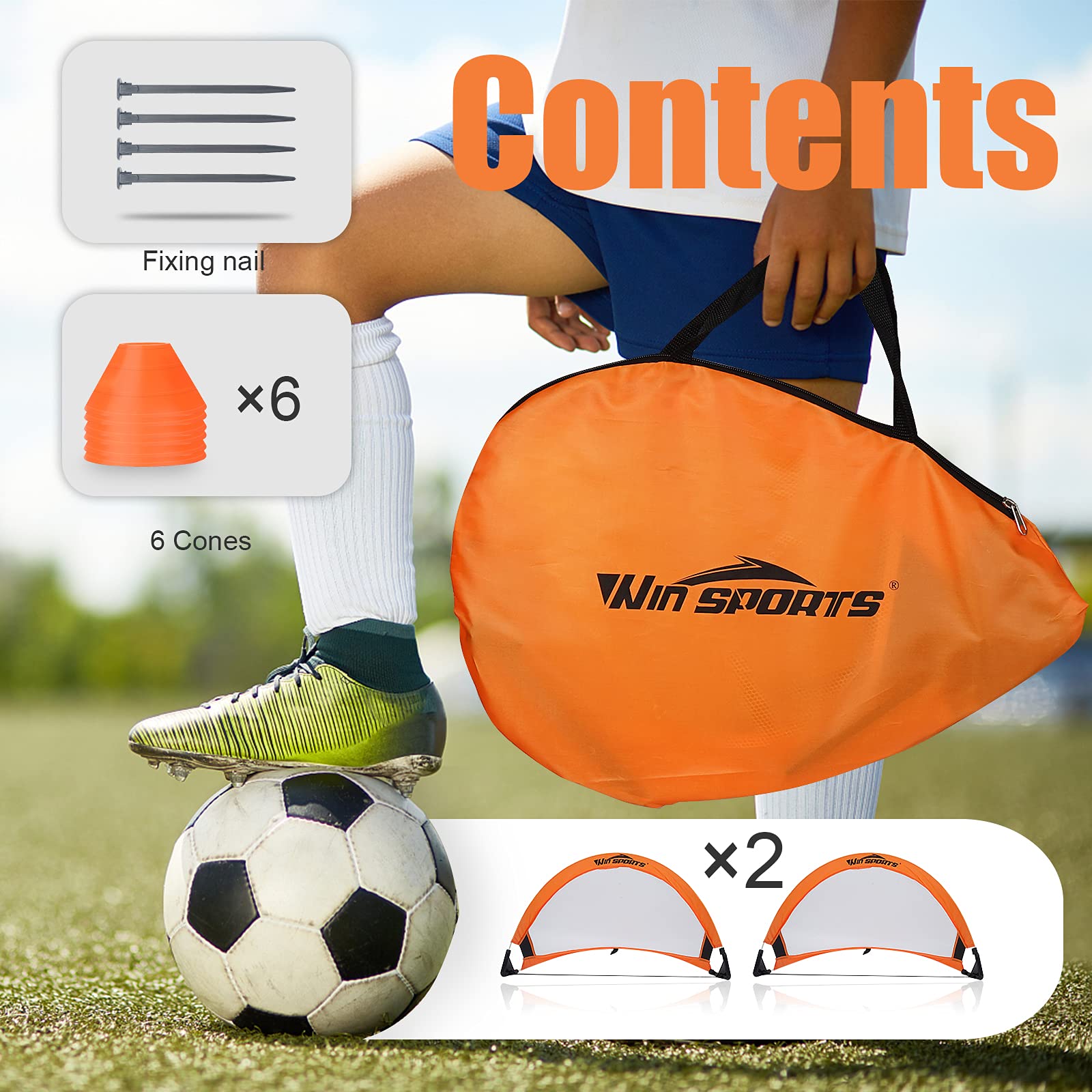 WIn SPORTS Foldable Pop Up Soccer Goal Pro 2 Portable Soccer Nets with Carrying Case and Training Cones,Practice in Backyard,School for Kids and Adults, Choose from 2.5', 4' Sizes