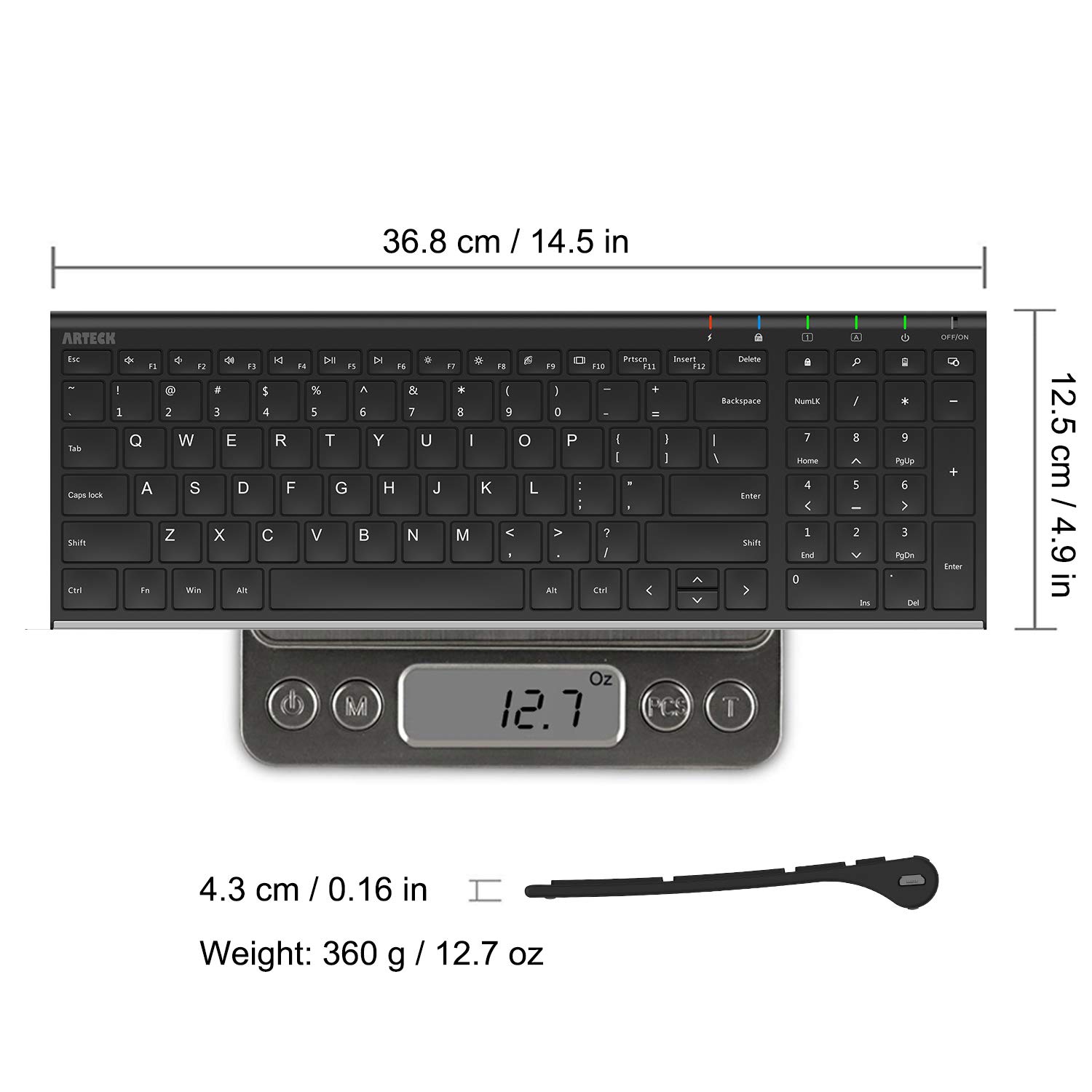 Arteck USB Wireless Keyboard Stainless Steel Ultra Slim Keyboard with Numeric Keypad for Computer/PC/Laptop and Windows 11/10/8 Rechargeable Battery