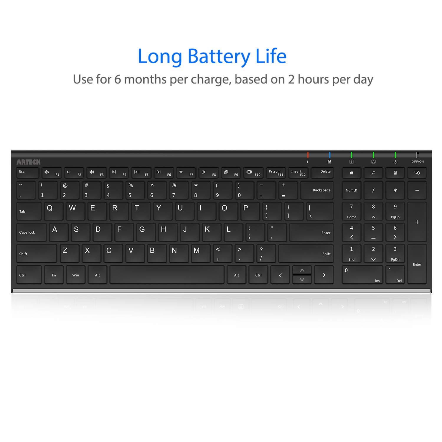 Arteck USB Wireless Keyboard Stainless Steel Ultra Slim Keyboard with Numeric Keypad for Computer/PC/Laptop and Windows 11/10/8 Rechargeable Battery