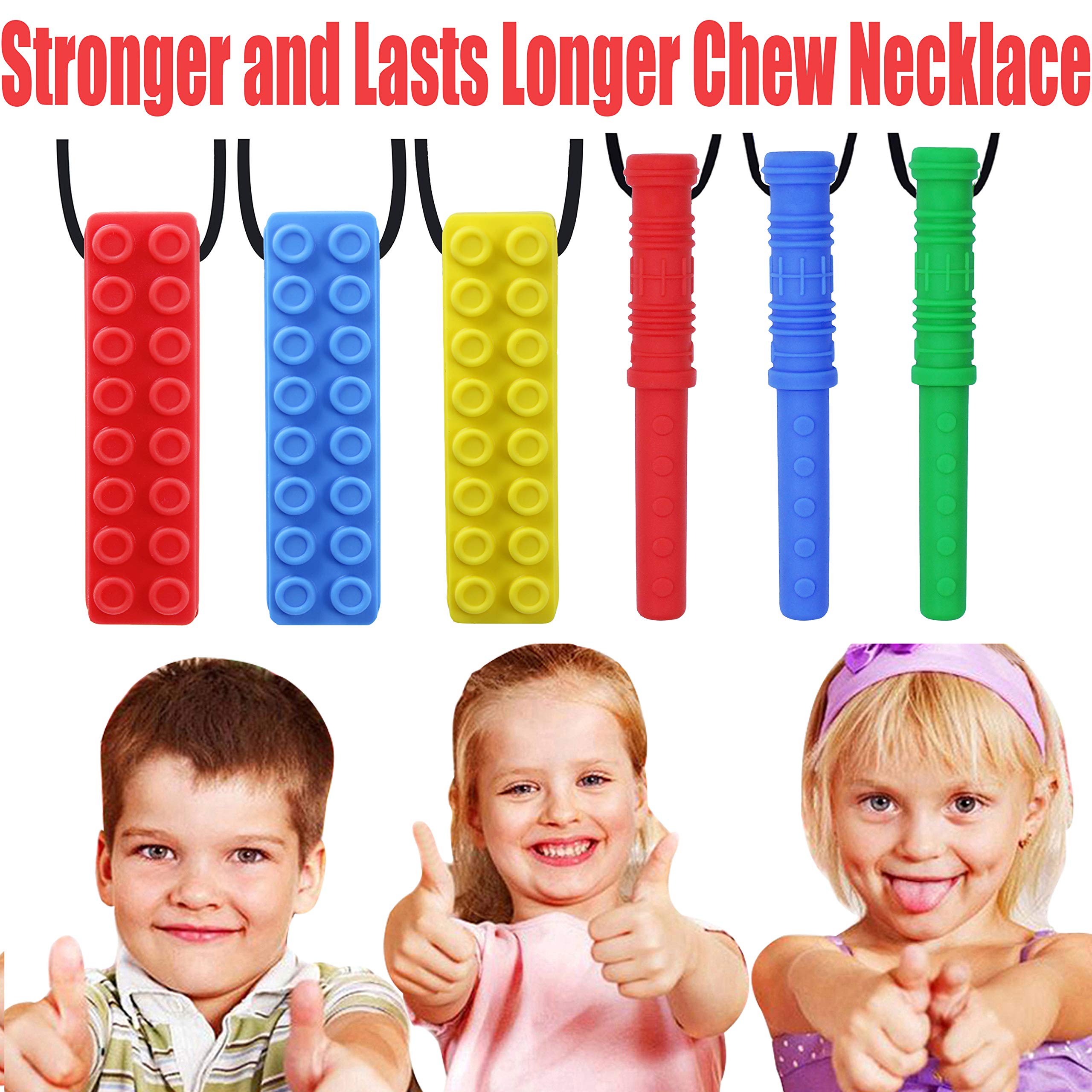 GNAWRISHING Chew Necklace 6-Pieces Perfect for Autistic, ADHD, SPD, Oral Motor Children, Kids, Boys, and Girls (Tough, Long-Lasting)