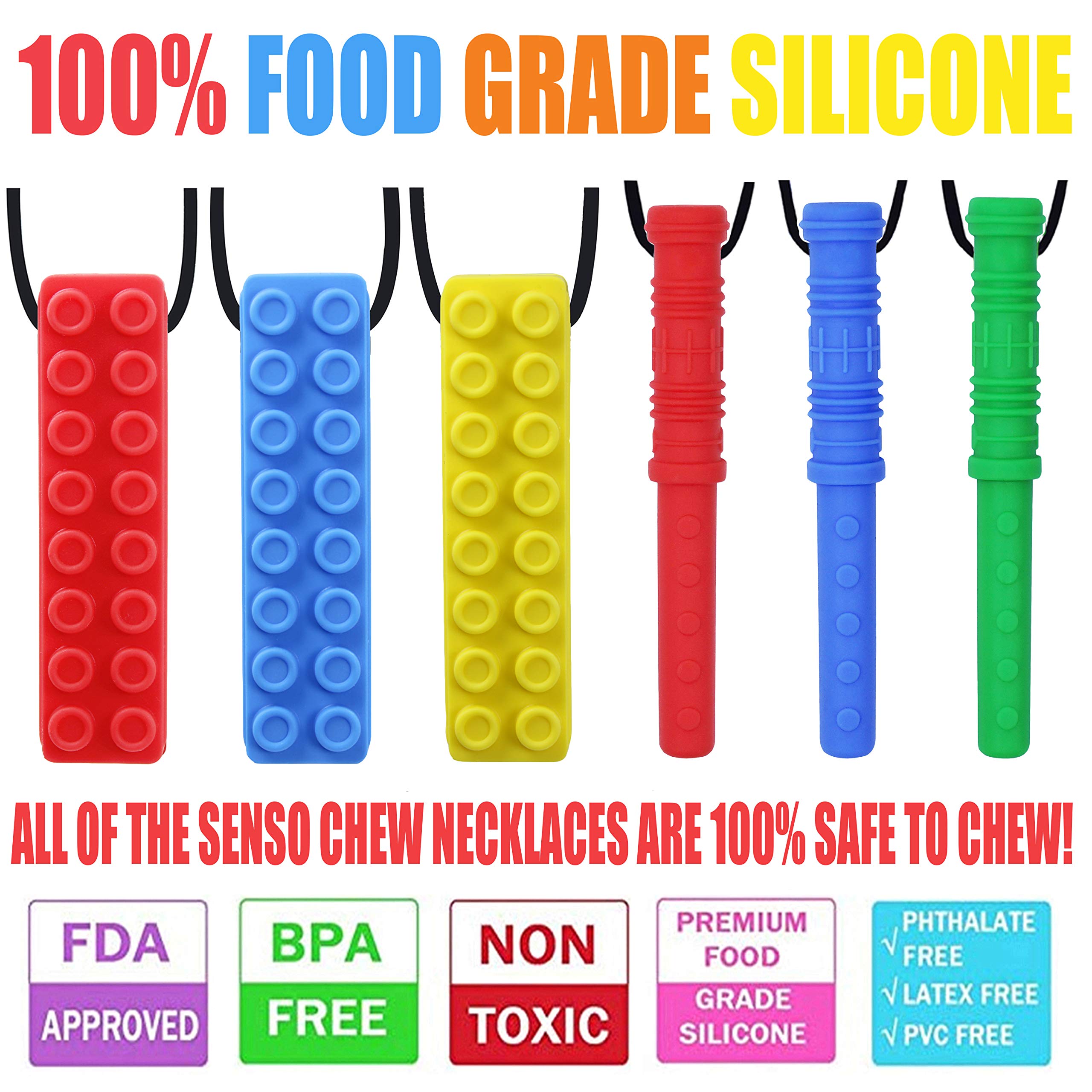 GNAWRISHING Chew Necklace 6-Pieces Perfect for Autistic, ADHD, SPD, Oral Motor Children, Kids, Boys, and Girls (Tough, Long-Lasting)