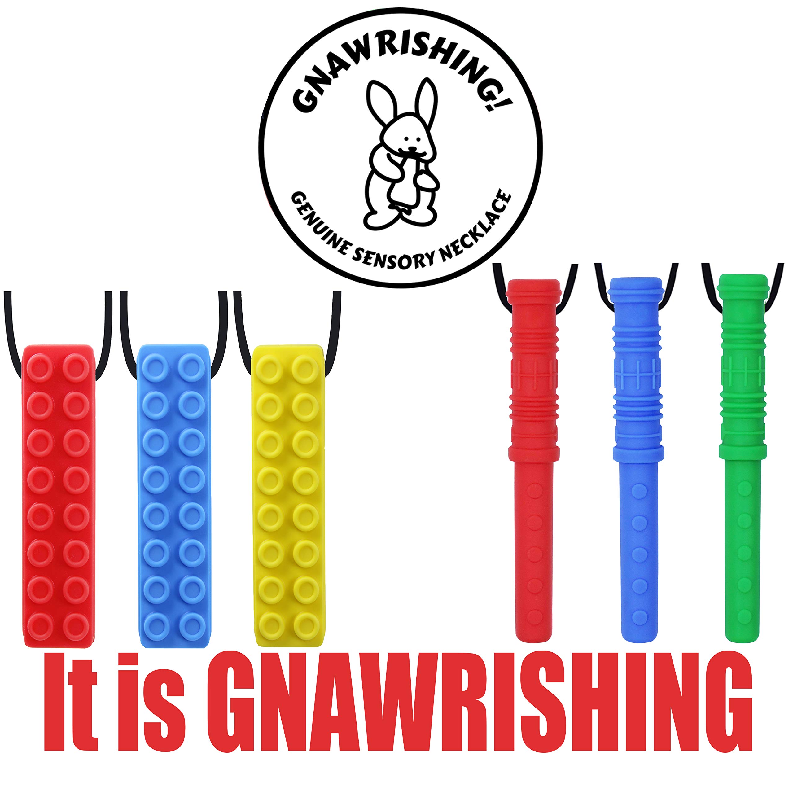 GNAWRISHING Chew Necklace 6-Pieces Perfect for Autistic, ADHD, SPD, Oral Motor Children, Kids, Boys, and Girls (Tough, Long-Lasting)