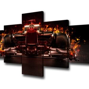 5 Pieces Modern Giclee Canvas Prints Artwork Hot Team Motor Sports Racing Car with Studio Lighting and Fire Effect Picture Stretched and Framed for Living Room Bedroom Home Decorations - 50''Wx24''H