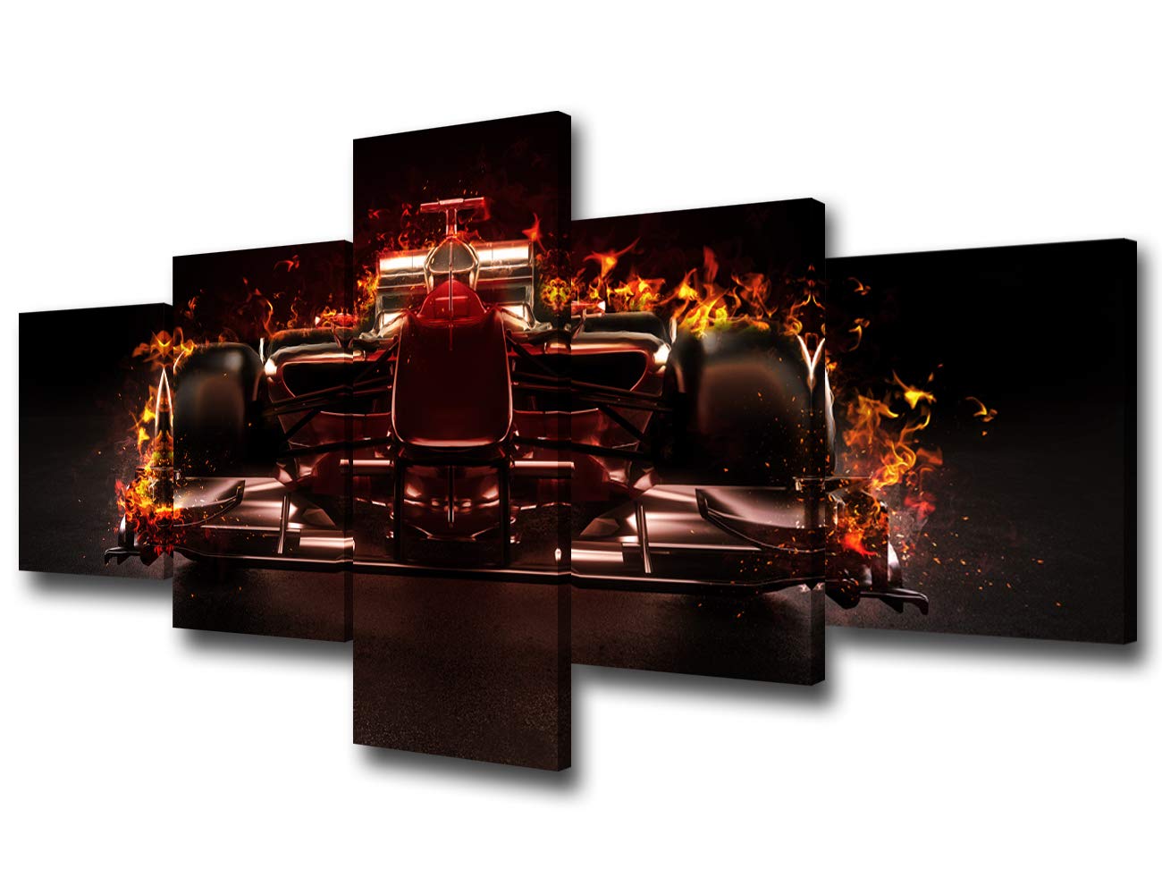 5 Pieces Modern Giclee Canvas Prints Artwork Hot Team Motor Sports Racing Car with Studio Lighting and Fire Effect Picture Stretched and Framed for Living Room Bedroom Home Decorations - 50''Wx24''H