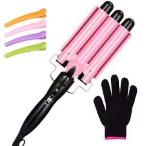 willbond 3 barrel curling iron wand hair waver with two temperature control, 25mm(1 inch), lcd lights indicate, ceramic professional hair curling wand with 4 pcs hair clips and heat resistant glove