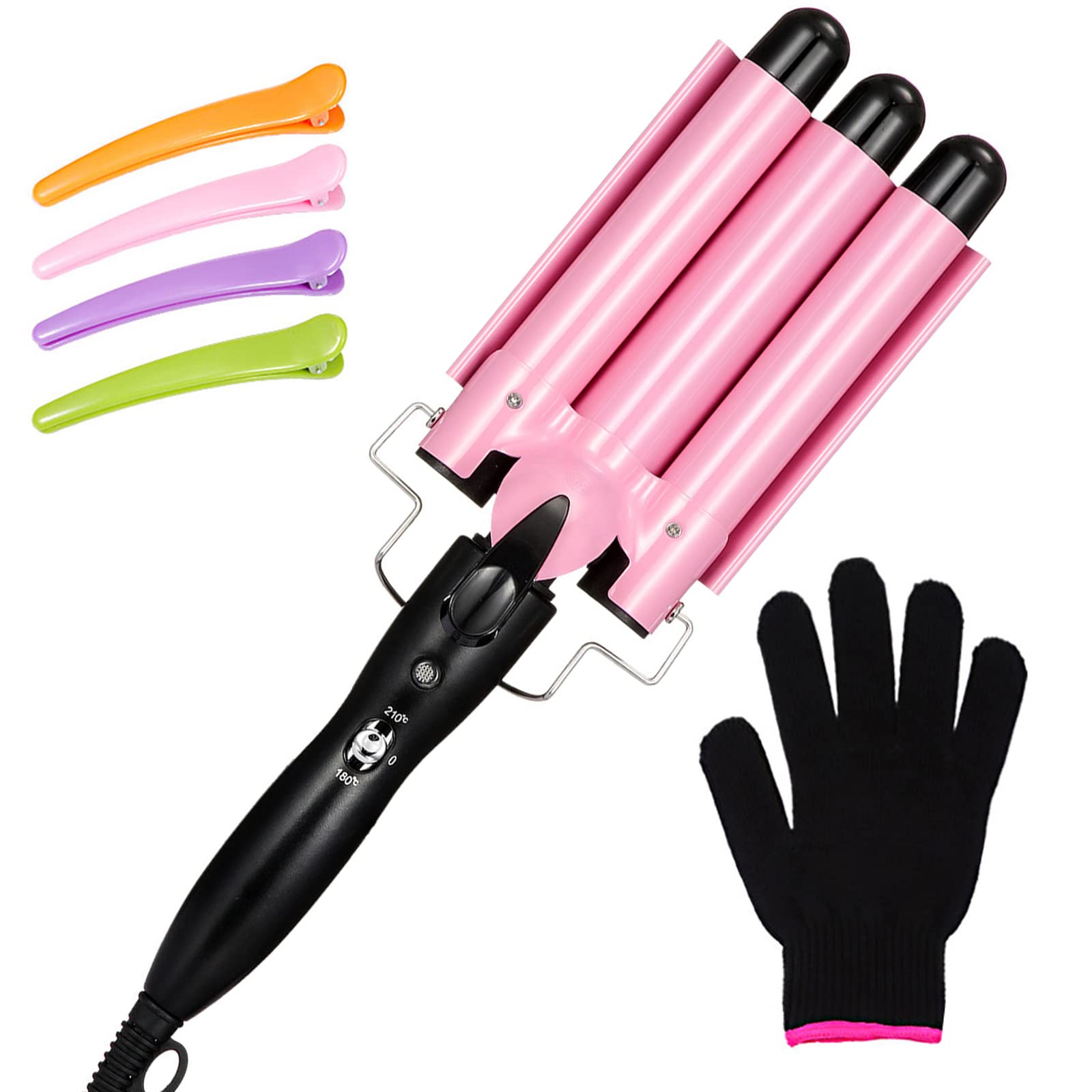 WILLBOND 3 Barrel Curling Iron Wand Hair Waver with Two Temperature Control, 25mm(1 Inch), LCD Lights Indicate, Ceramic Professional Hair Curling Wand with 4 Pcs Hair Clips and Heat Resistant Glove