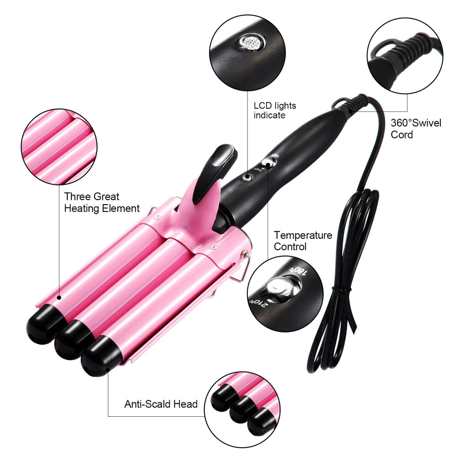 WILLBOND 3 Barrel Curling Iron Wand Hair Waver with Two Temperature Control, 25mm(1 Inch), LCD Lights Indicate, Ceramic Professional Hair Curling Wand with 4 Pcs Hair Clips and Heat Resistant Glove