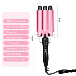 WILLBOND 3 Barrel Curling Iron Wand Hair Waver with Two Temperature Control, 25mm(1 Inch), LCD Lights Indicate, Ceramic Professional Hair Curling Wand with 4 Pcs Hair Clips and Heat Resistant Glove