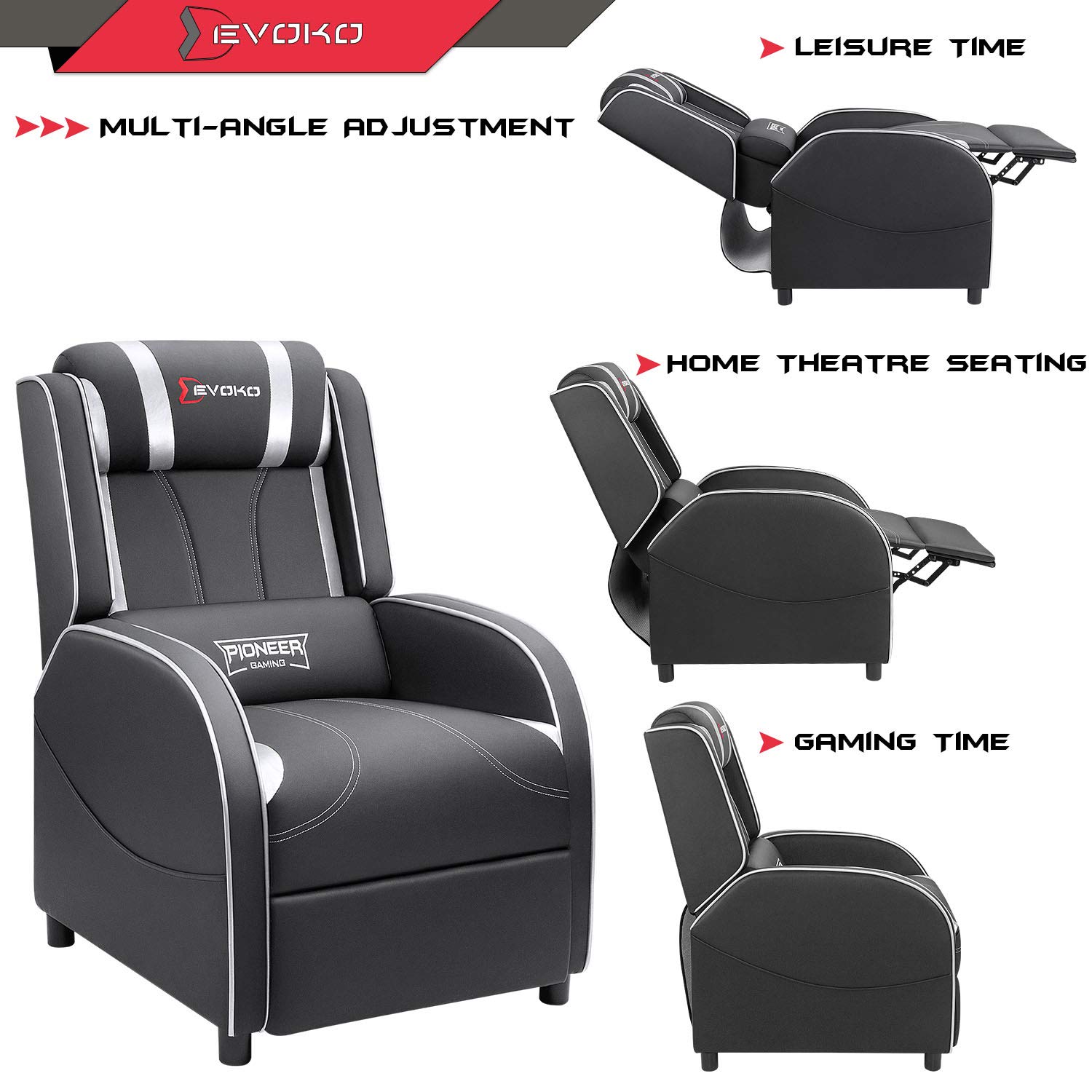 Devoko Massage Gaming Recliner Chair PU Leather Home Theater Seating Single Modern Living Room Sofa Recliners (Silver)