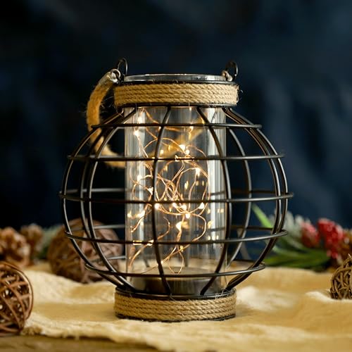 JHY DESIGN Metal Cage LED Lantern Battery Powered,7.3" Tall Cordless Accent Light with 20pcs Fairy Lights.Great for Weddings, Parties, Patio, Events for Indoors/Outdoors.