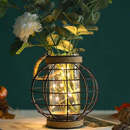 JHY DESIGN Metal Cage LED Lantern Battery Powered,7.3" Tall Cordless Accent Light with 20pcs Fairy Lights.Great for Weddings, Parties, Patio, Events for Indoors/Outdoors.