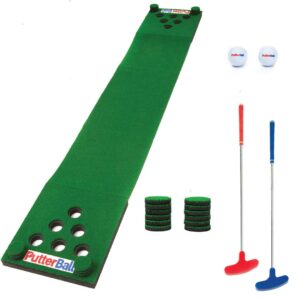 putterball golf pong game set the original - includes 2 putters, 2 golf balls, green putting pong golf mat & golf hole covers - best backyard party golf game set