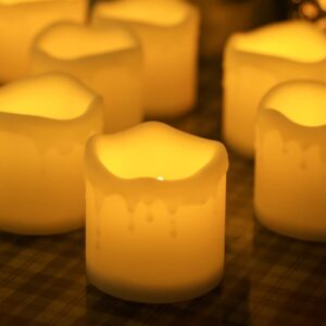 furora lighting ivory melting style led votive candles pack of 12, realistic flickering flame for home and party décor, 2’’(w) x 2’’(h), battery operated