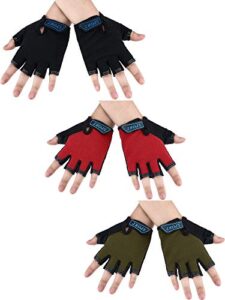 3 pairs kids bike gloves half finger gloves mtb road sport gloves anti-slip gel gloves for children cycling biking breathable gloves (black, army green, red, 6-10 years)