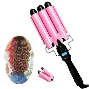 3 barrel curling iron wand hair crimper iron with lcd temperature display - 1 inch ceramic tourmaline triple barrel hair waver curling iron, dual voltage crimping iron hair curling wand