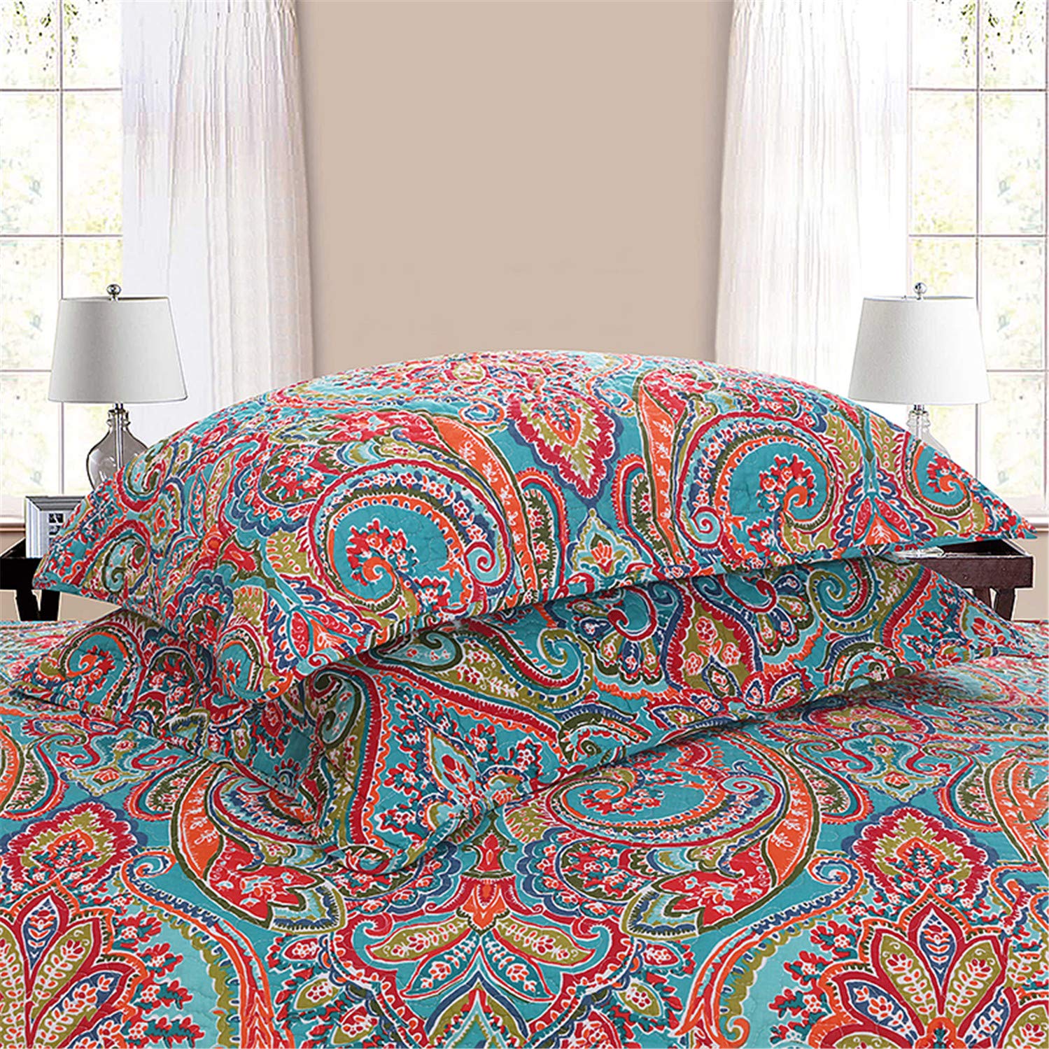 Newrara Jacquard Style Cotton 3 Pcs Patchwork Bedspread Boho Quilt Sets Queen Size（Red）