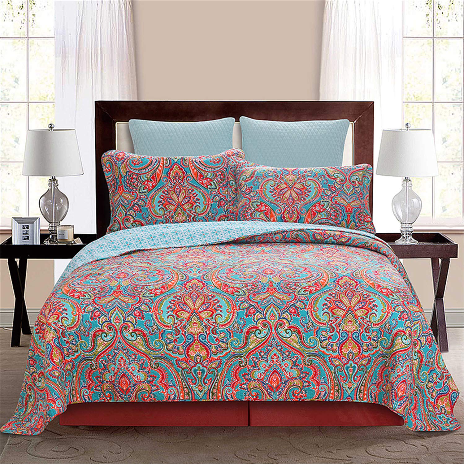 Newrara Jacquard Style Cotton 3 Pcs Patchwork Bedspread Boho Quilt Sets Queen Size（Red）