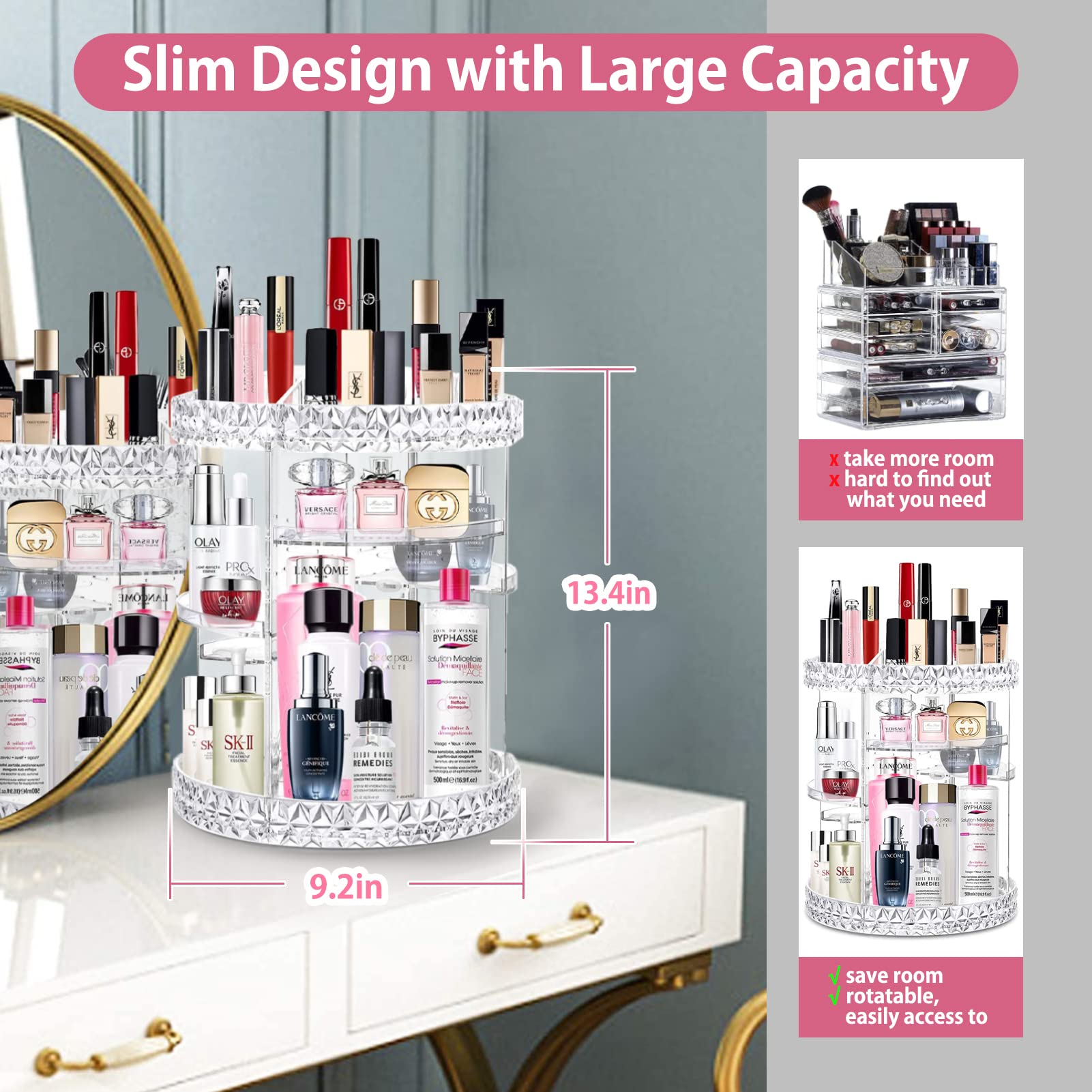 V-HANVER 360 Rotating Makeup Organizer Perfume Organizer with 8 Adjustable Layer Clear Cosmetic Storage Display Case Large Capacity Acrylic Beauty Organizer for Vanity Countertop or Bedroom Dresser