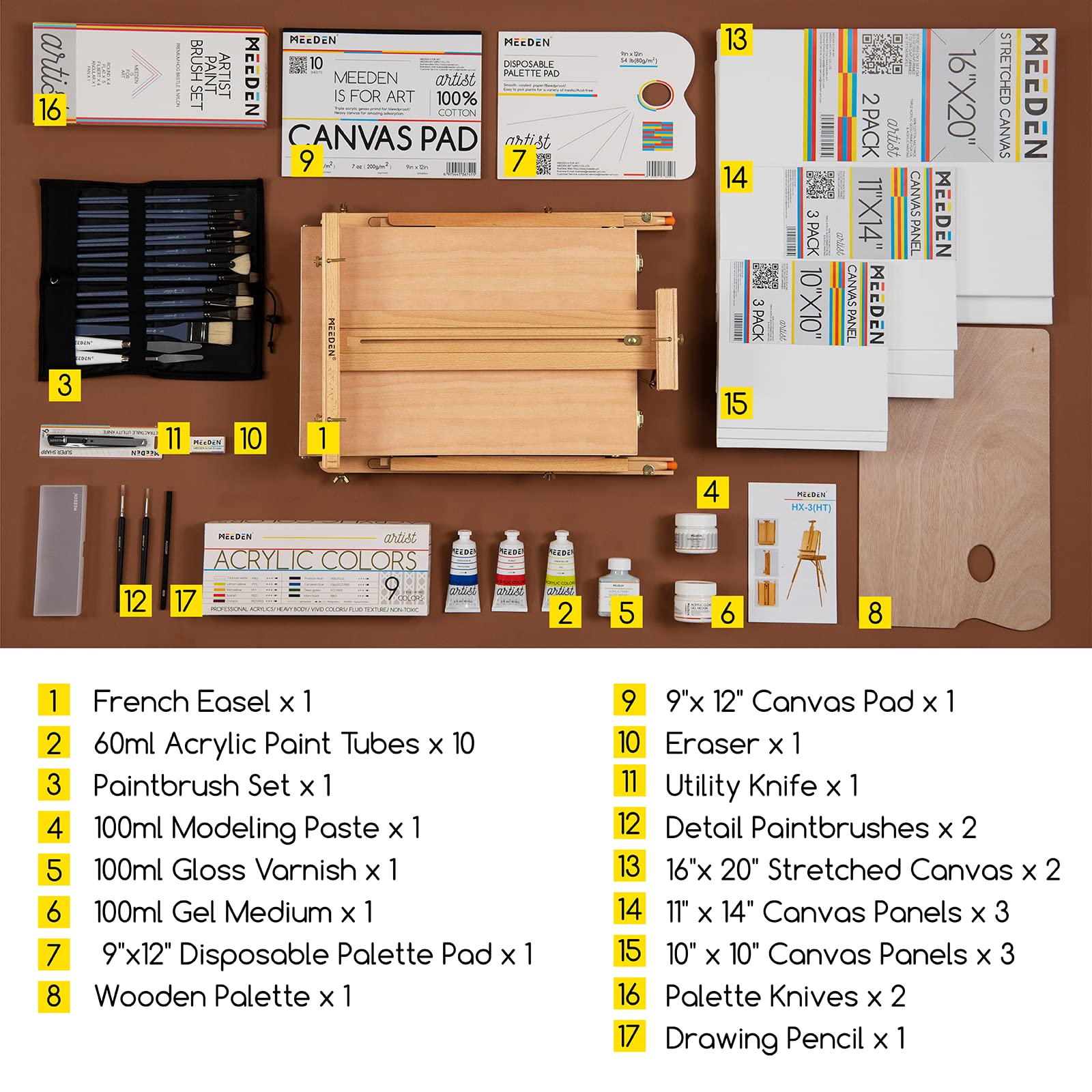 MEEDEN Art Set with French Easel for Professional Artist,Supplies Acrylic Painting(10-60ML) Kit with Paintbrushes for Adults,Pre Painter and Canvas Drawing Starter-Prime Art Series