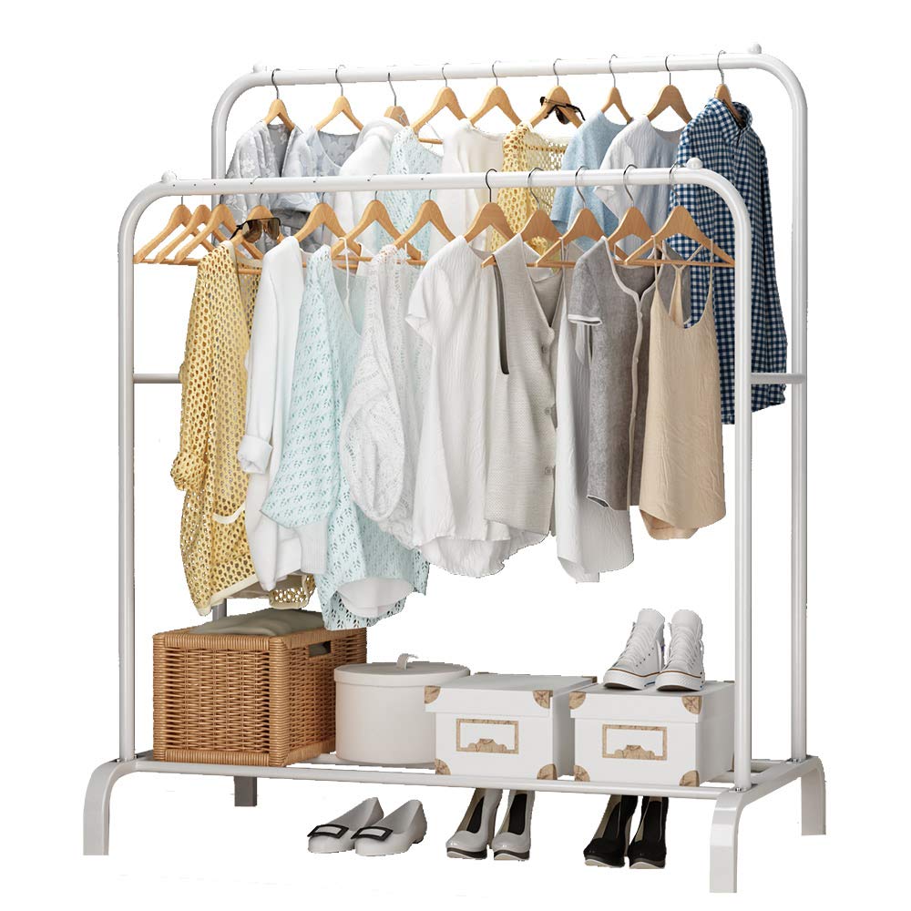 UDEAR Garment Rack，43.3 Inches Freestanding Hanger Double Pole Multi-functional Bedroom Clothing Rack, White