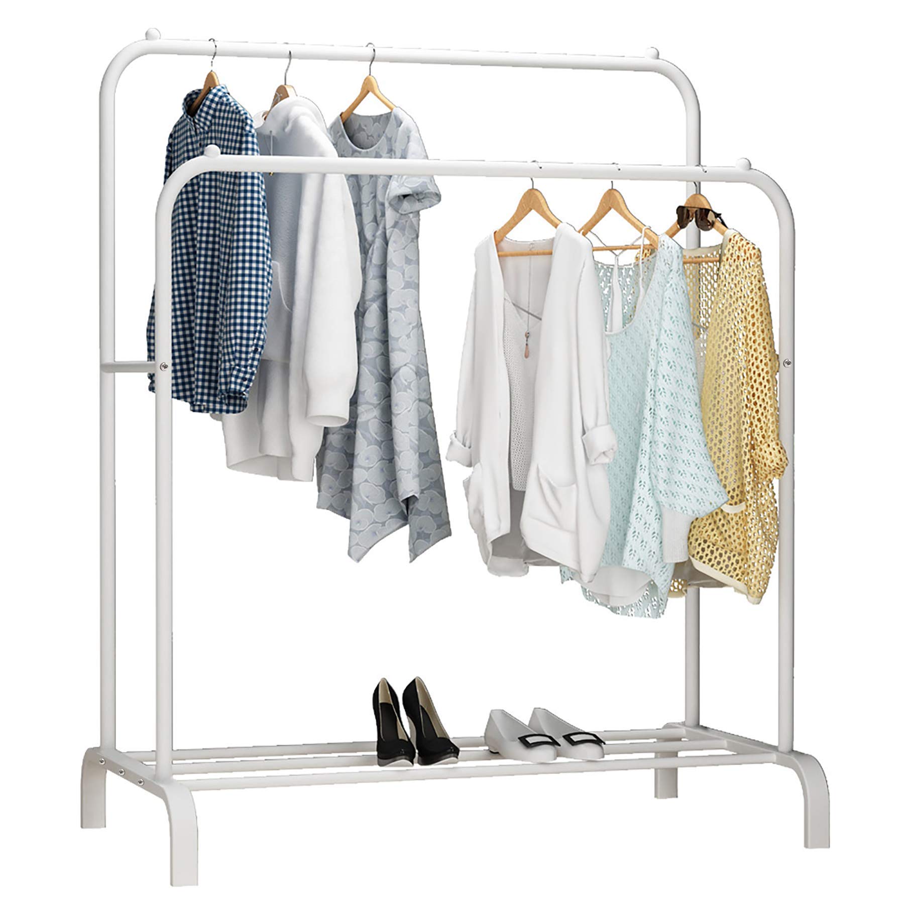 UDEAR Garment Rack，43.3 Inches Freestanding Hanger Double Pole Multi-functional Bedroom Clothing Rack, White