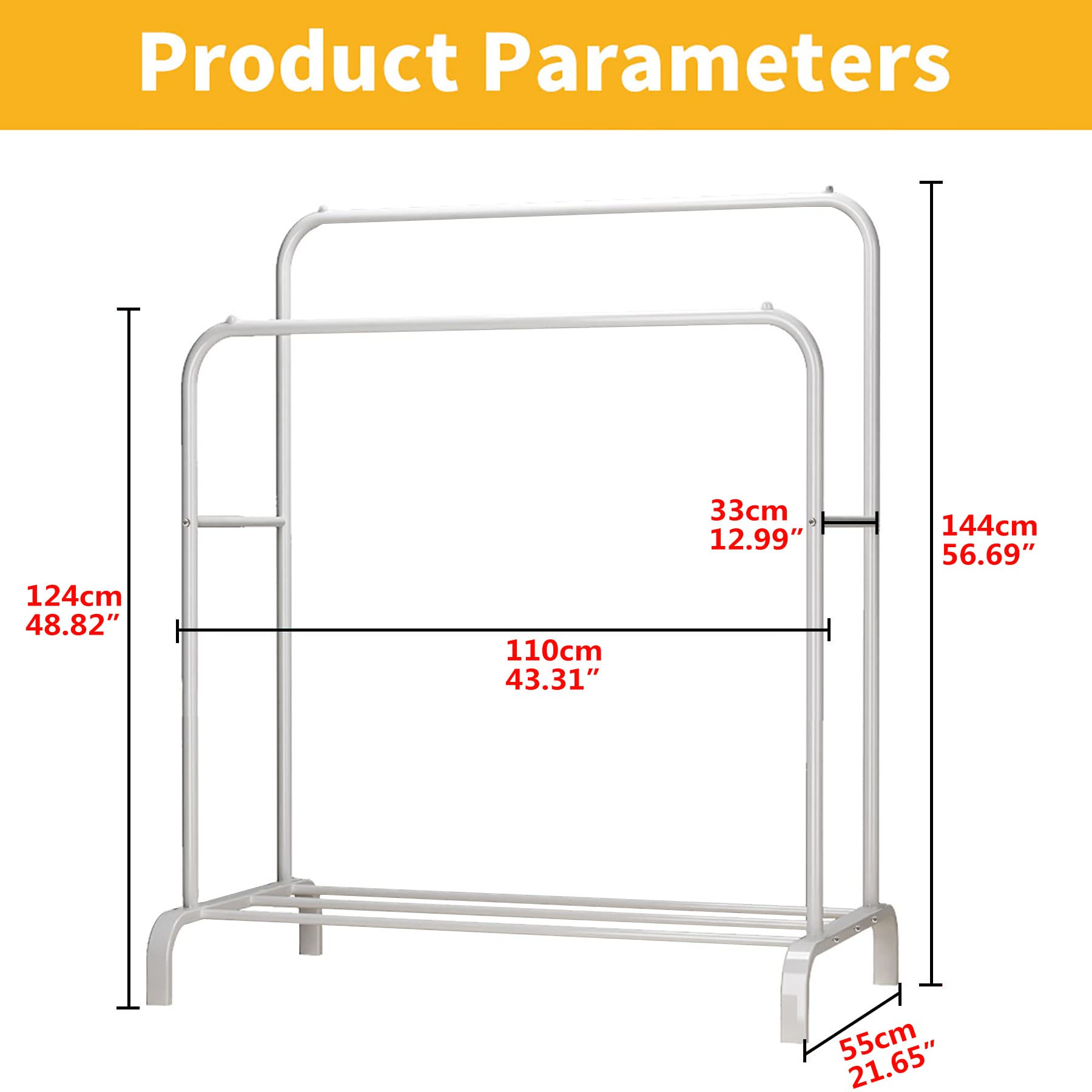 UDEAR Garment Rack，43.3 Inches Freestanding Hanger Double Pole Multi-functional Bedroom Clothing Rack, White