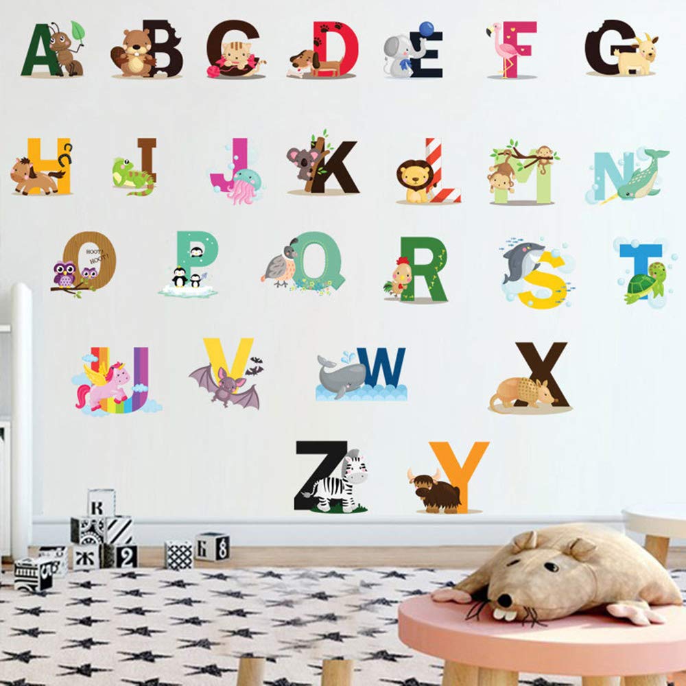 Finduat Alphabet Wall Stickers Decals, Removable Animal ABC Vinyl Wall Stickers for Home Room Kids Nursery Bedroom Living Room