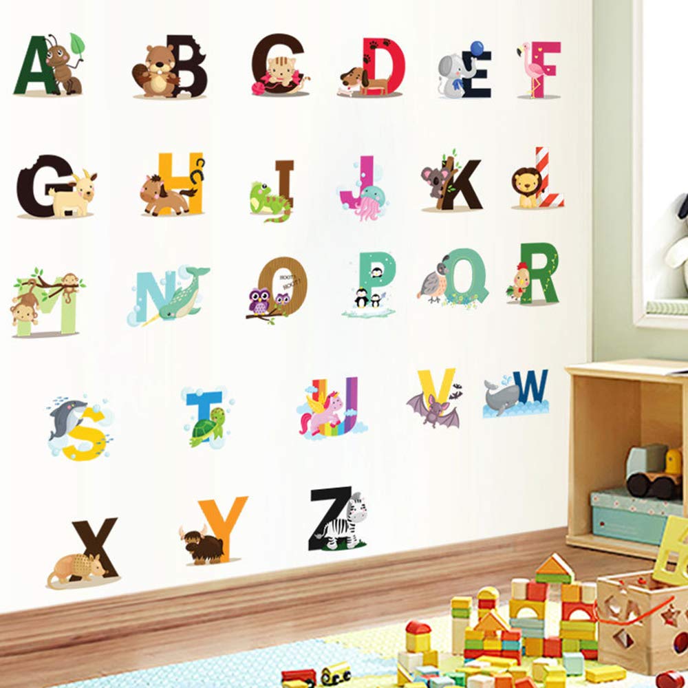 Finduat Alphabet Wall Stickers Decals, Removable Animal ABC Vinyl Wall Stickers for Home Room Kids Nursery Bedroom Living Room